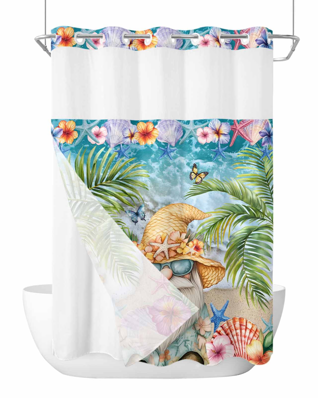 No Hook Shower Curtain with Snap-in Liner, Coastal Gnomes Waterproof ...