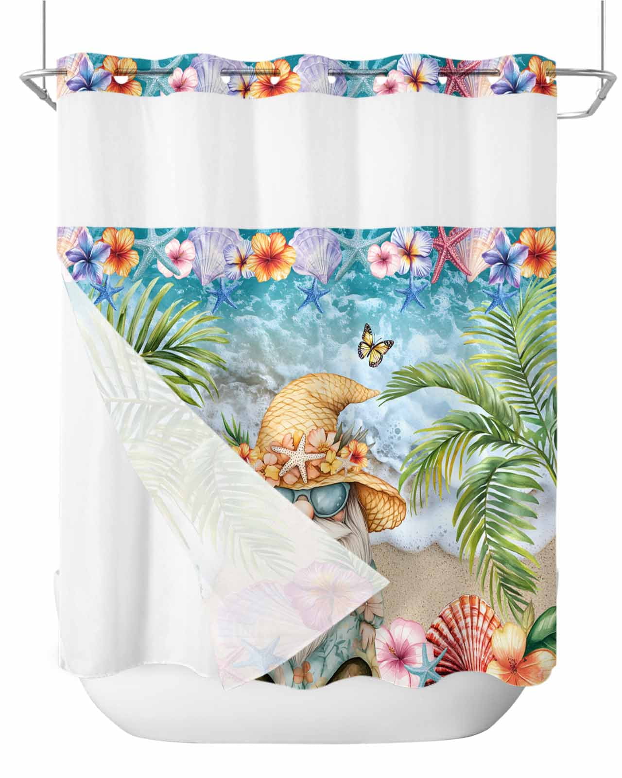 No Hook Shower Curtain with Snap-in Liner, Coastal Gnomes Waterproof ...