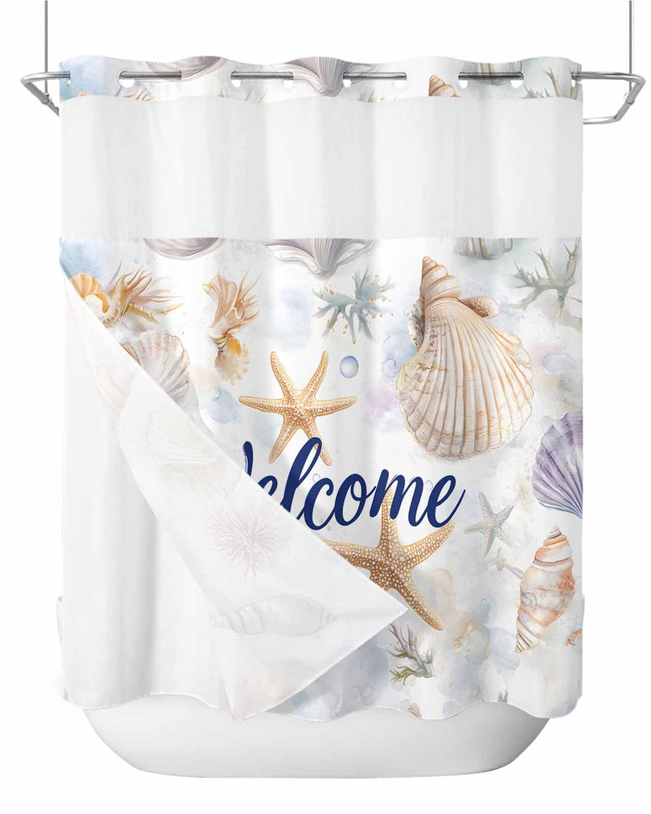 No Hook Shower Curtain with Snap-in Liner, Coastal Shell Waterproof ...