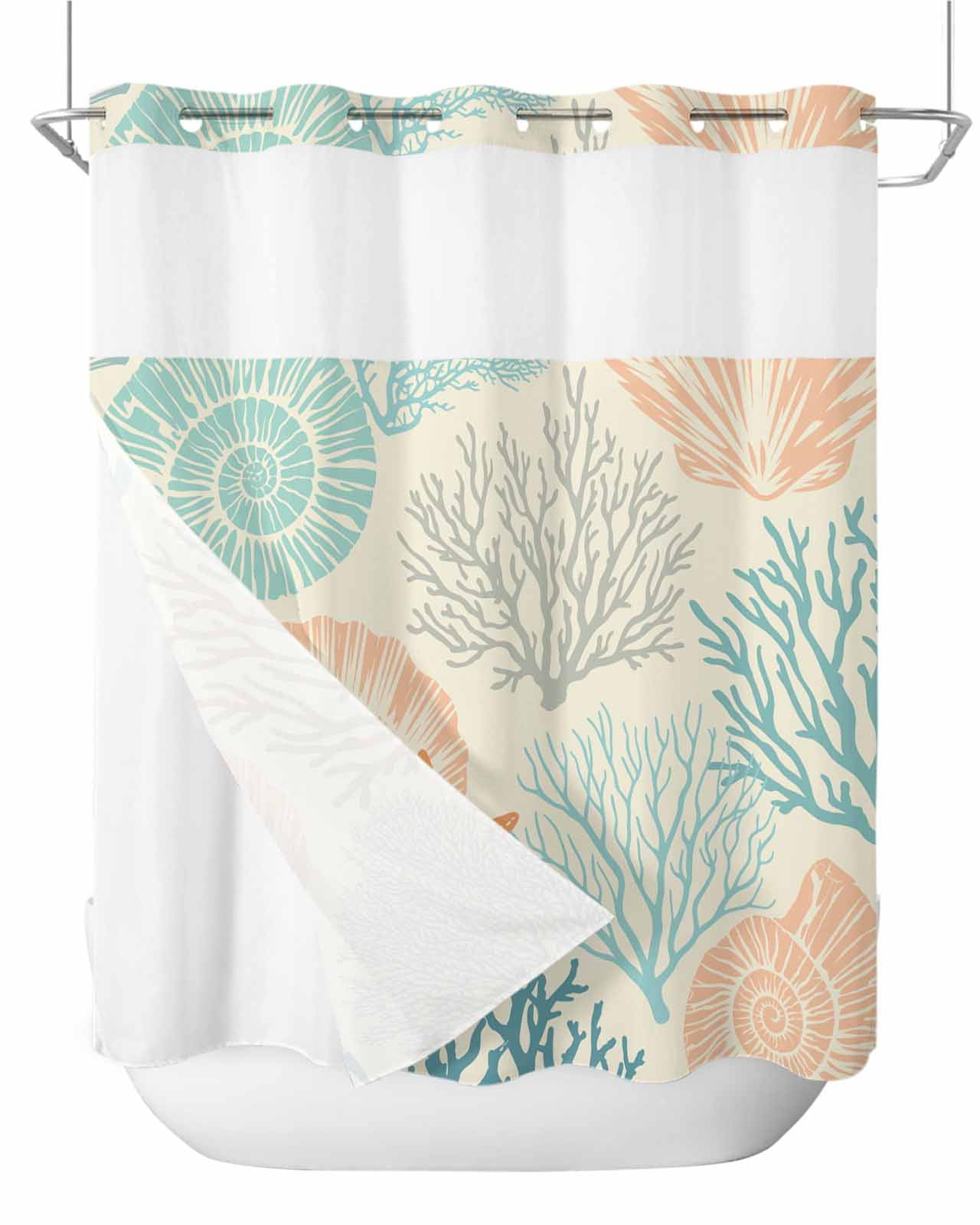 No Hook Shower Curtain with Snap-in Liner, Coastal Turquoise Waterproof ...