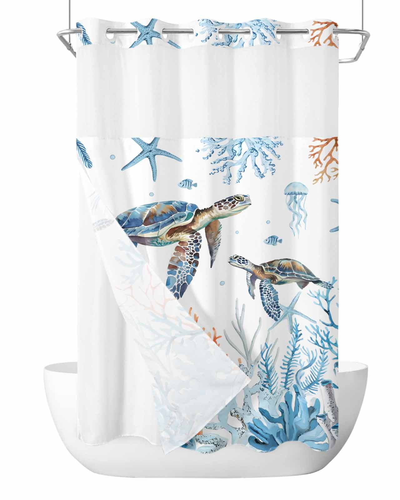No Hook Shower Curtain with Snap-in Liner, Coastal Turtle Waterproof ...