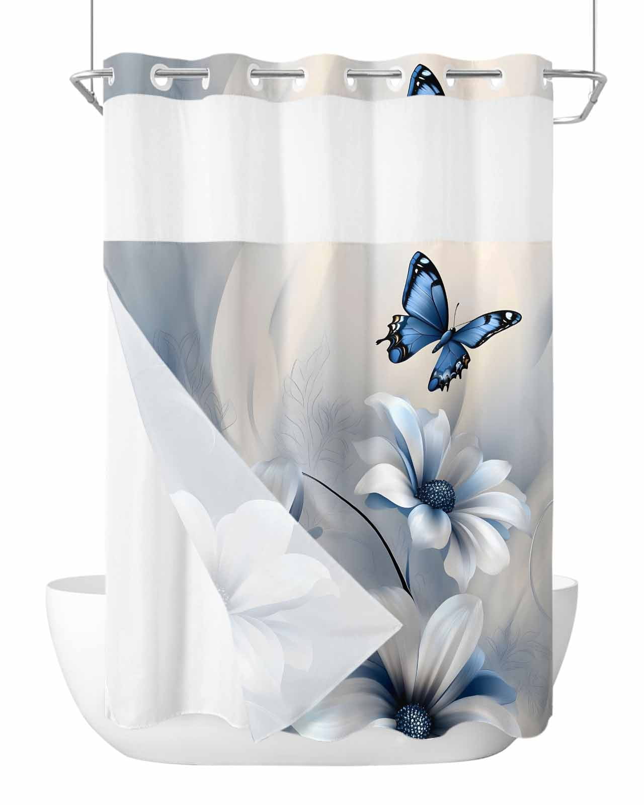 No Hook Shower Curtain with Snap-in Liner, Elegant Floral Waterproof ...