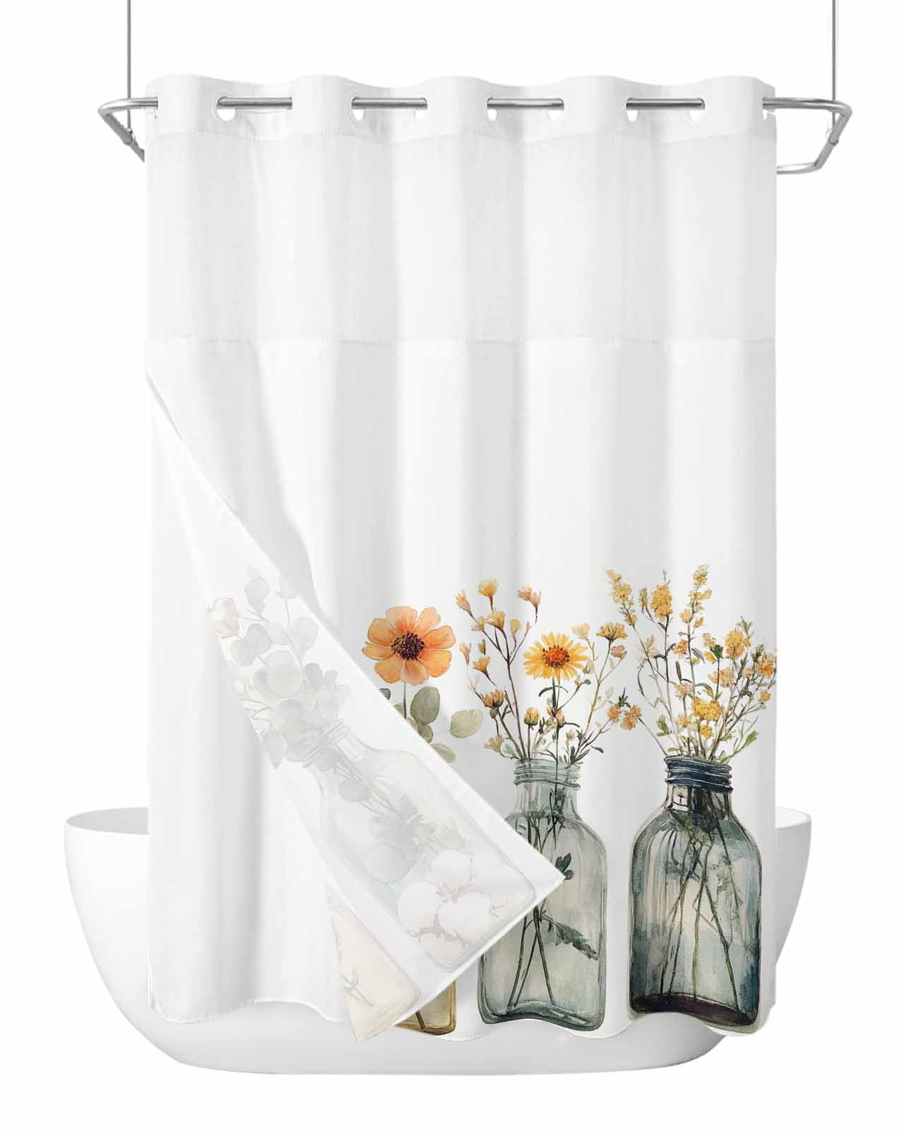 No Hook Shower Curtain with Snap-in Liner, Eucalyptus Flower Waterproof ...