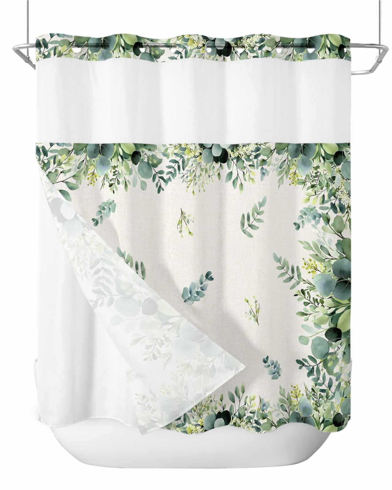 No Hook Shower Curtain with Snap-in Liner, Eucalyptus Waterproof Fabric ...