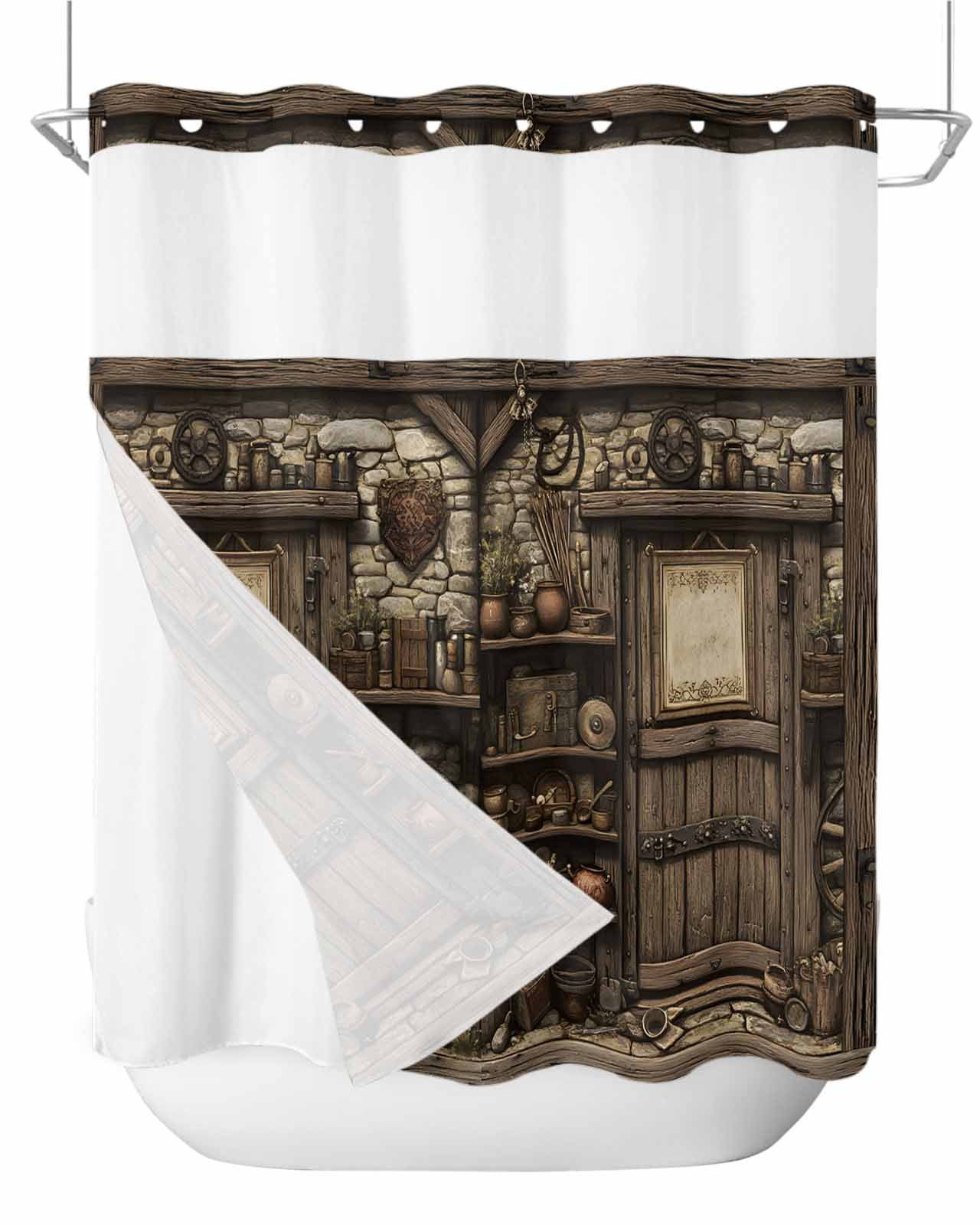 No Hook Shower Curtain with Snap-in Liner, Farmhouse Wooden Waterproof ...