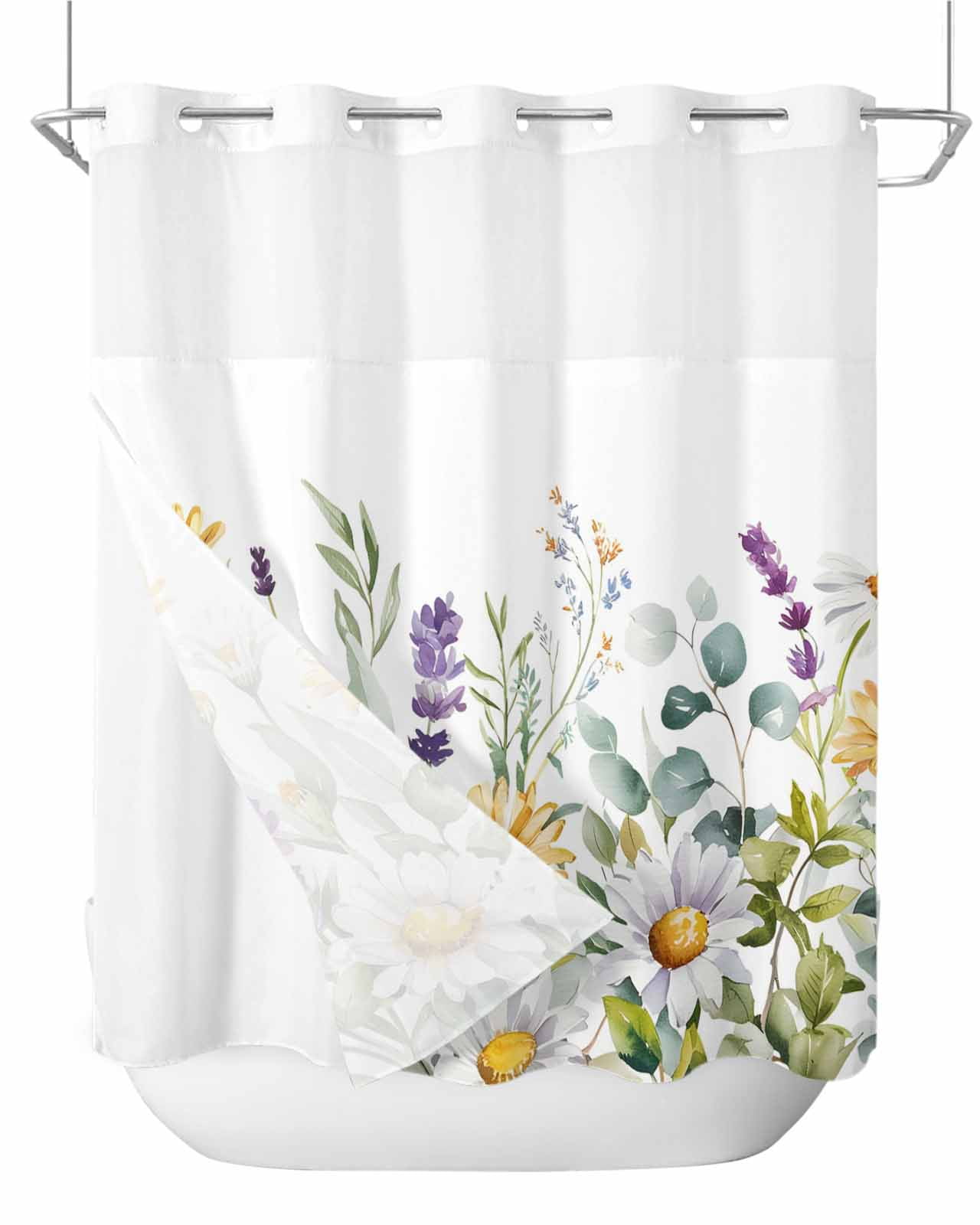 No Hook Shower Curtain with Snap-in Liner, Floral Flower Waterproof ...