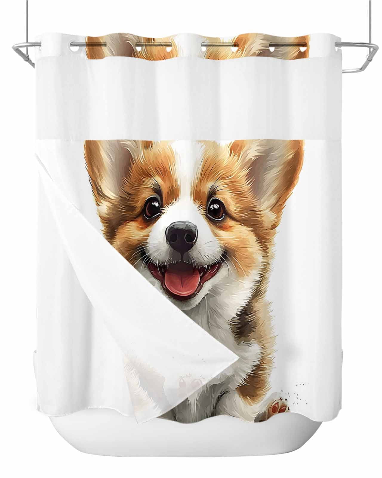 No Hook Shower Curtain with Snap-in Liner, Funny Puppy Waterproof ...