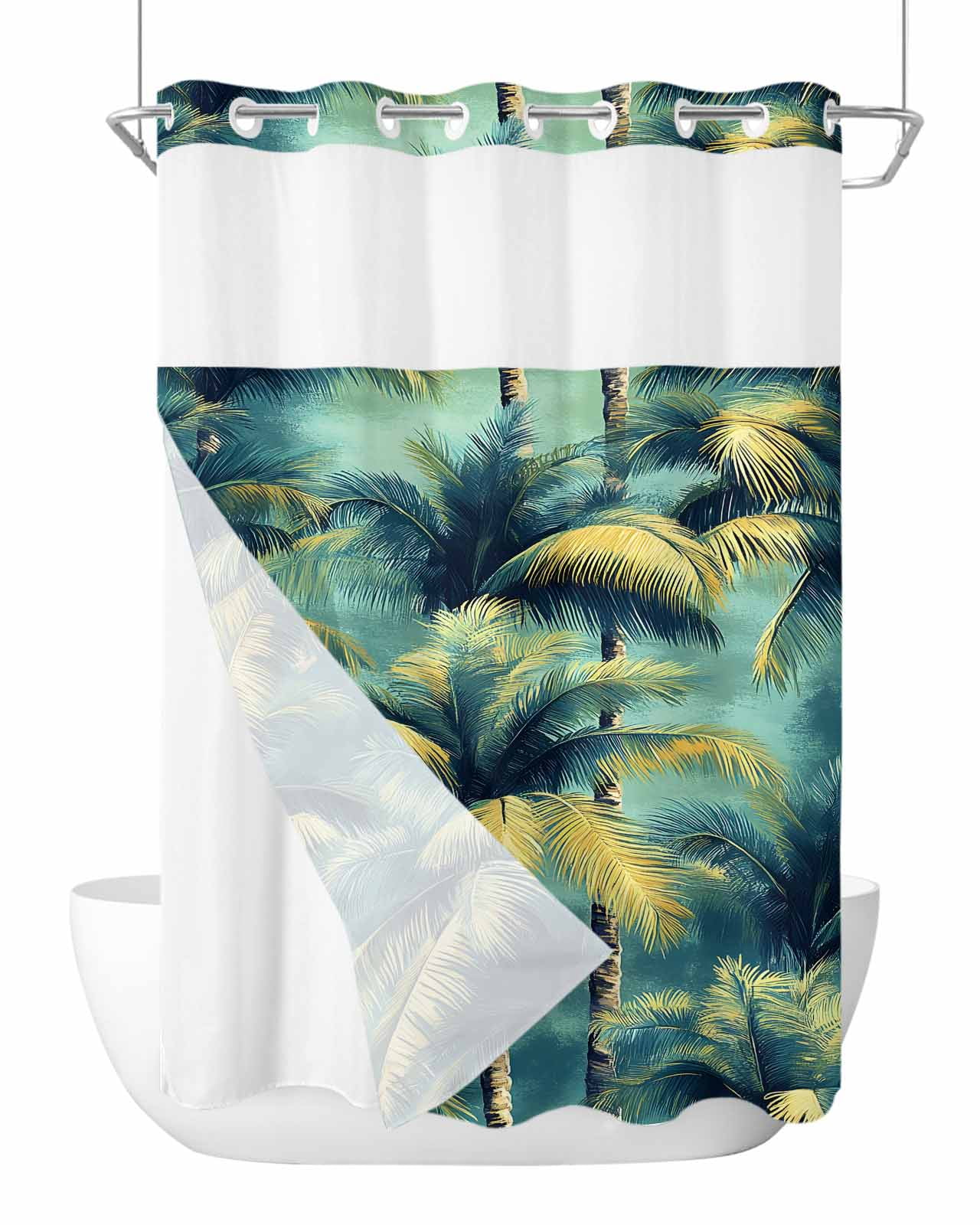 No Hook Shower Curtain with Snap-in Liner, Green Forest Waterproof ...