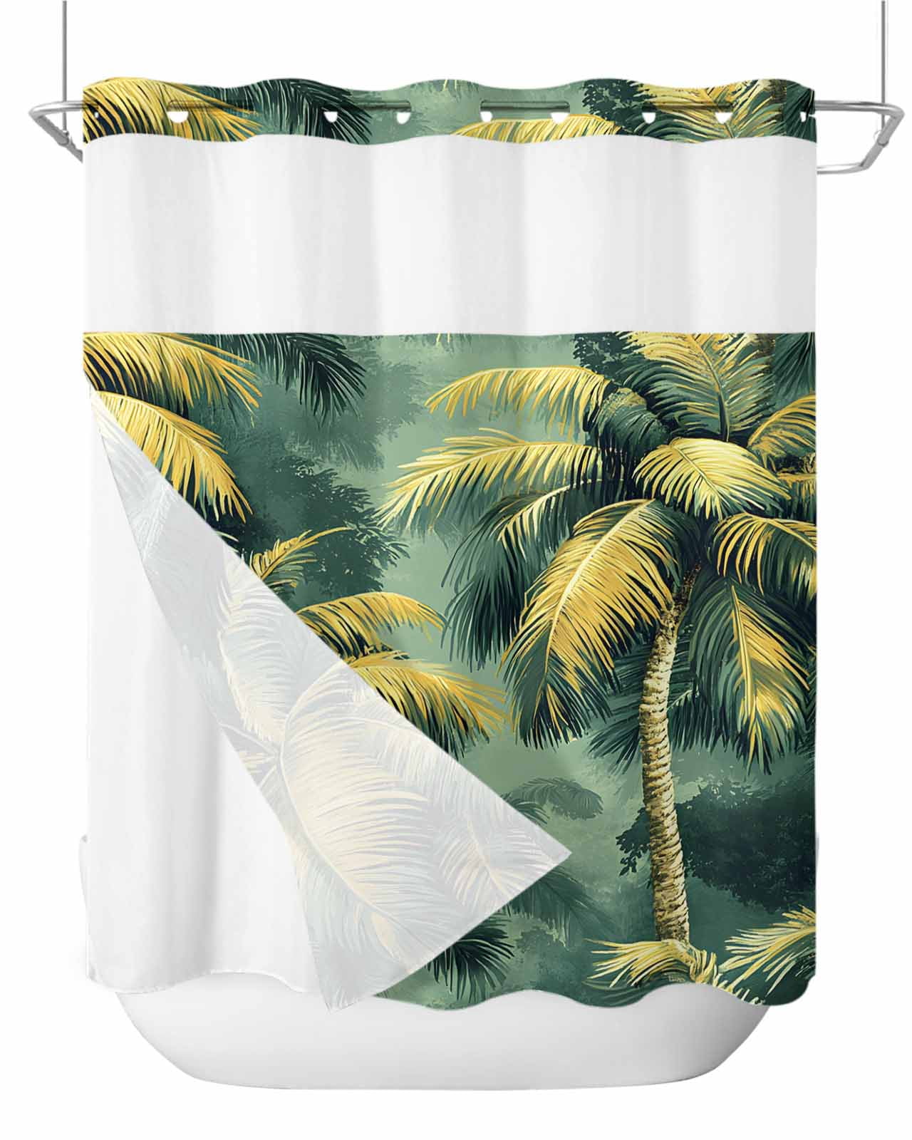 No Hook Shower Curtain with Snap-in Liner, Green Palm Tree Waterproof ...