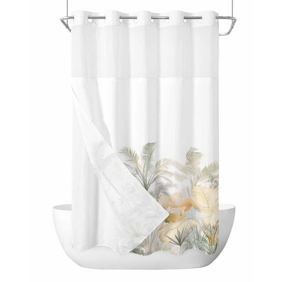 No Hook Shower Curtain with Snap-in Liner, Green Yellow Palm Tree ...