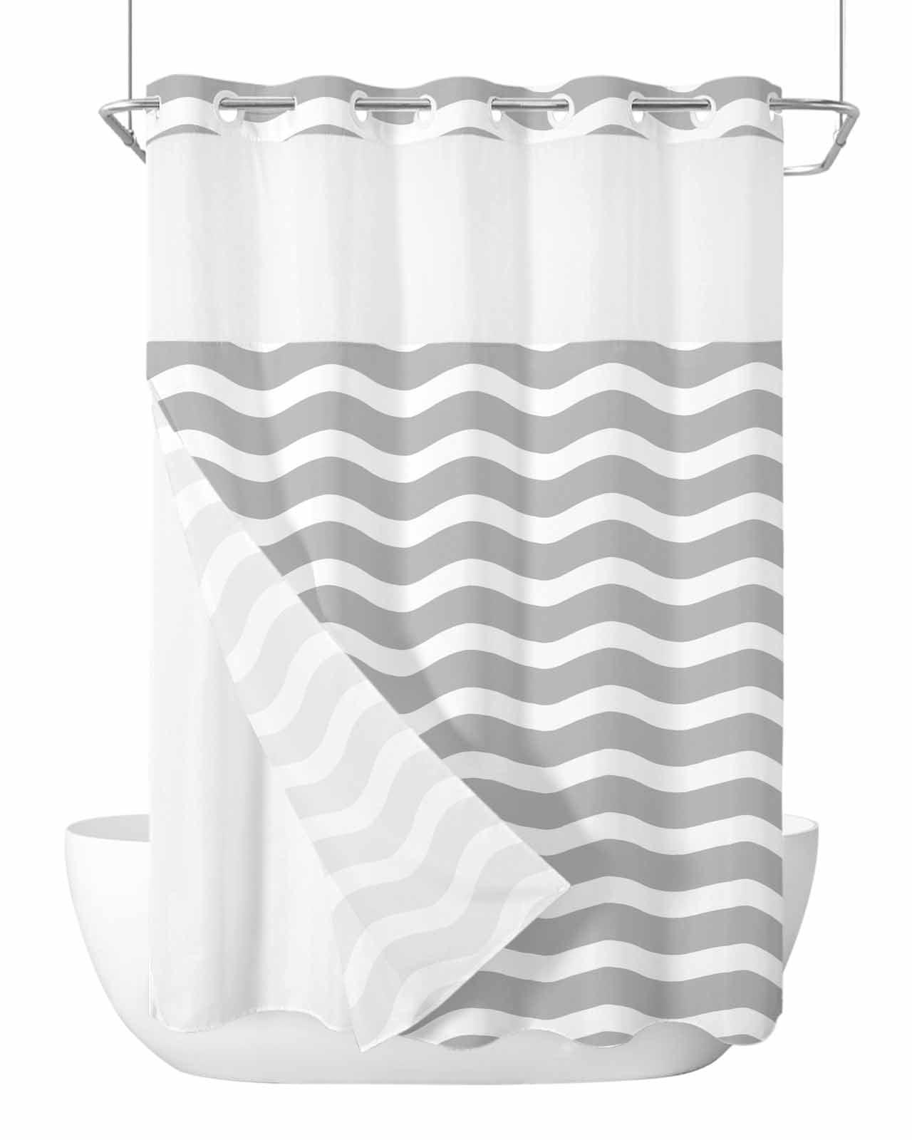 No Hook Shower Curtain with Snap-in Liner, Grey Moire Ombre Waterproof ...