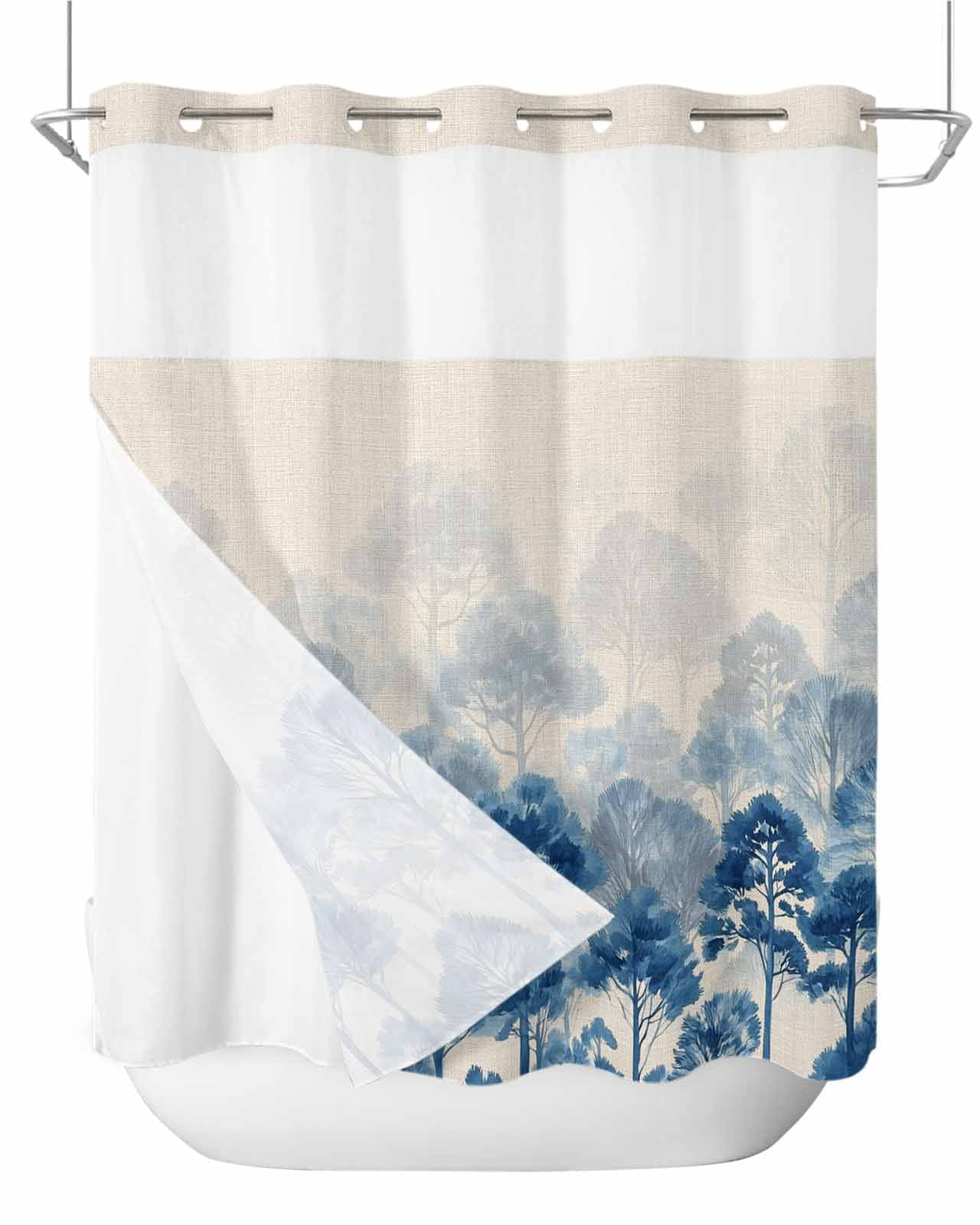 No Hook Shower Curtain with Snap-in Liner, Navy Blue Forest Waterproof ...