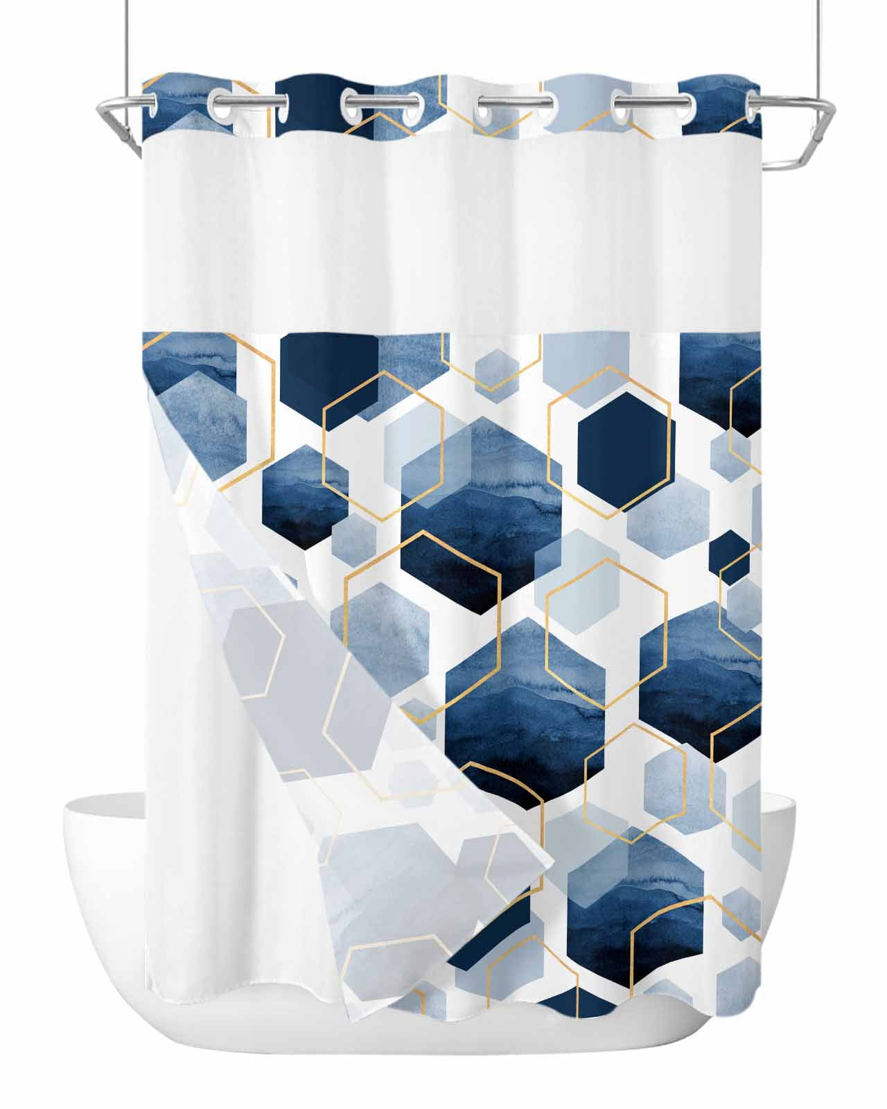 No Hook Shower Curtain with Snap-in Liner, Navy Blue Marble Waterproof ...