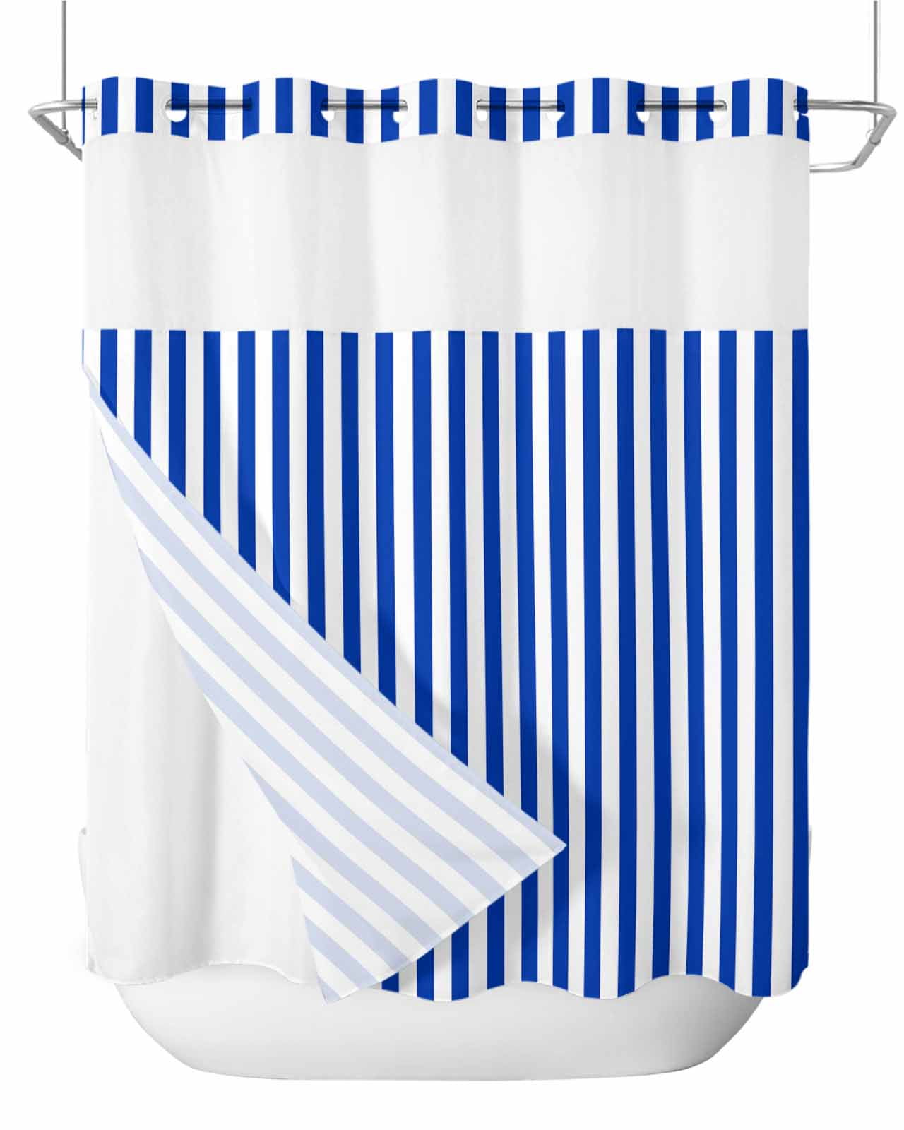 No Hook Shower Curtain with Snap-in Liner, Navy Blue Stripe Waterproof ...