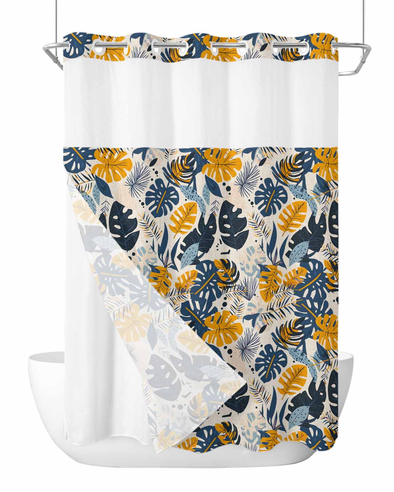 No Hook Shower Curtain with Snap-in Liner, Palm Leaves Waterproof ...