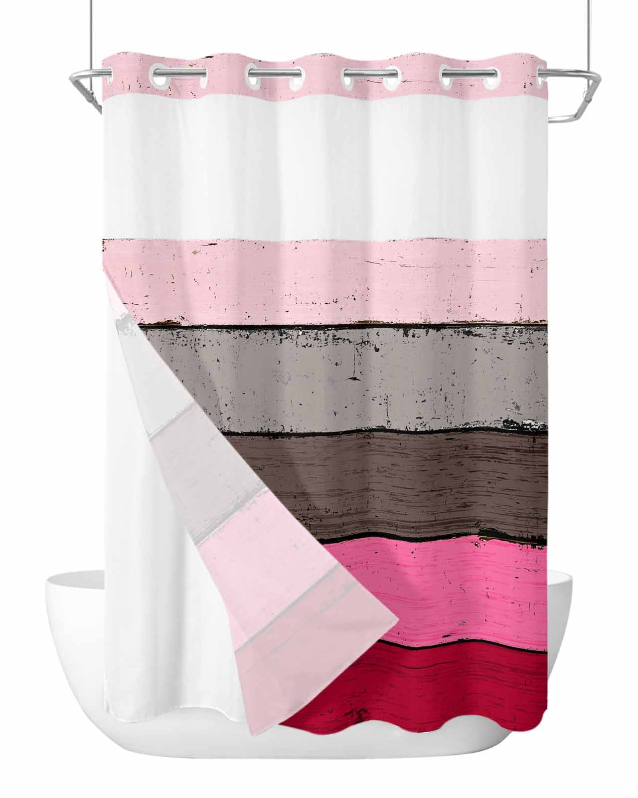 No Hook Shower Curtain with Snap-in Liner, Pink Grey Waterproof Fabric ...