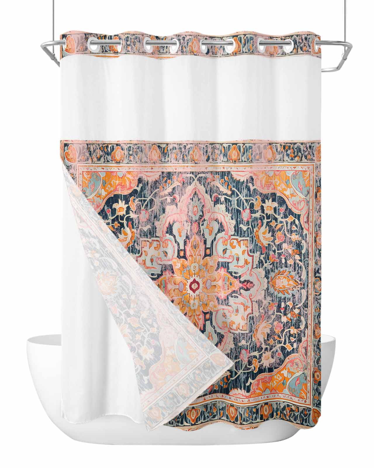 No Hook Shower Curtain with Snap-in Liner, Pink Orange Blue Waterproof ...