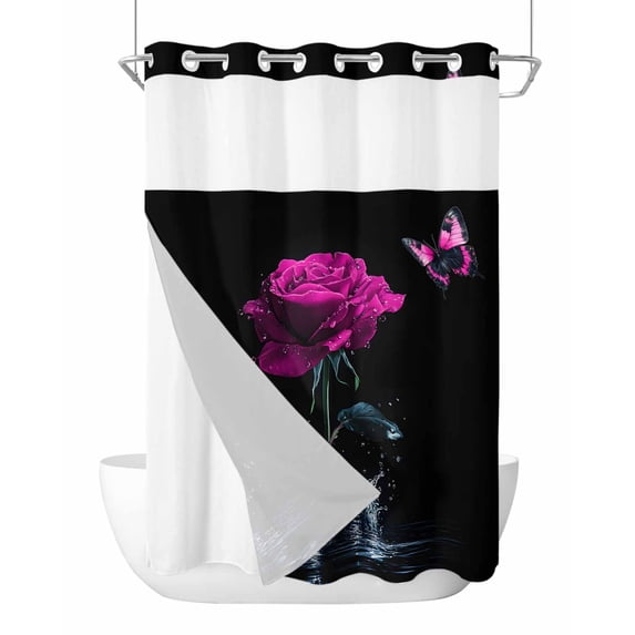 No Hook Shower Curtain with Snap-in Liner, Pink Roses Waterproof Fabric ...