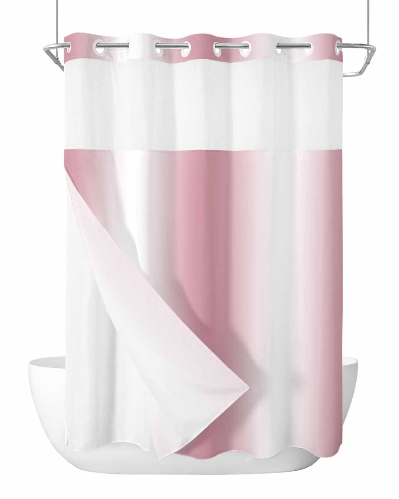 No Hook Shower Curtain with Snap-in Liner, Pink White Ombre Waterproof ...