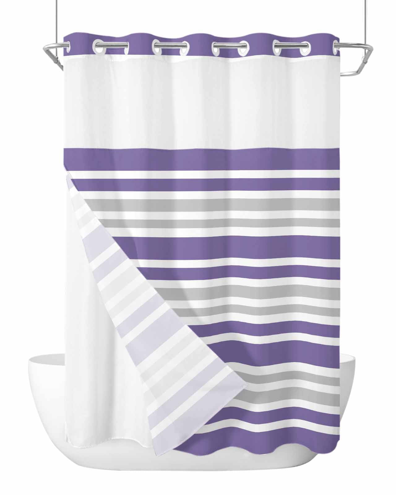 No Hook Shower Curtain with Snap-in Liner, Purple Stripes Waterproof ...