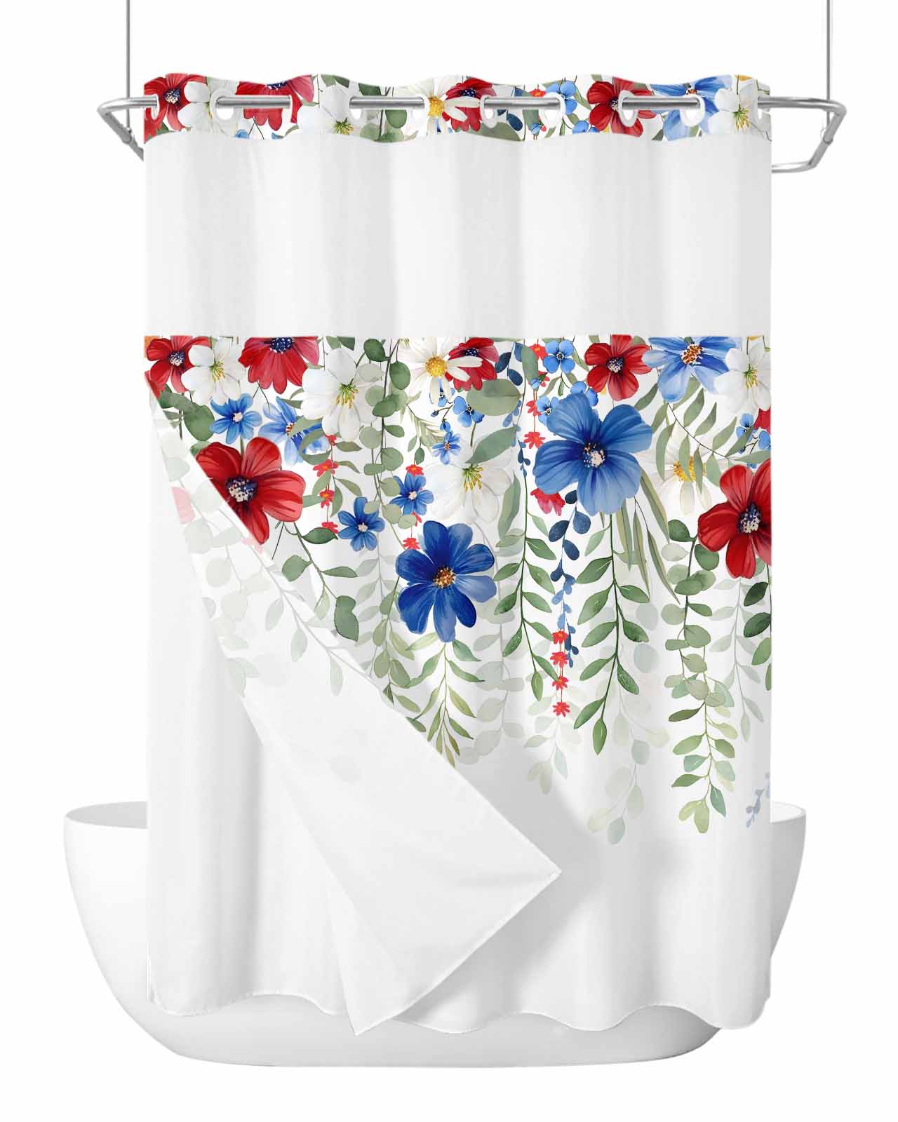No Hook Shower Curtain with Snap-in Liner, Red Blue Flowers 4th of July ...
