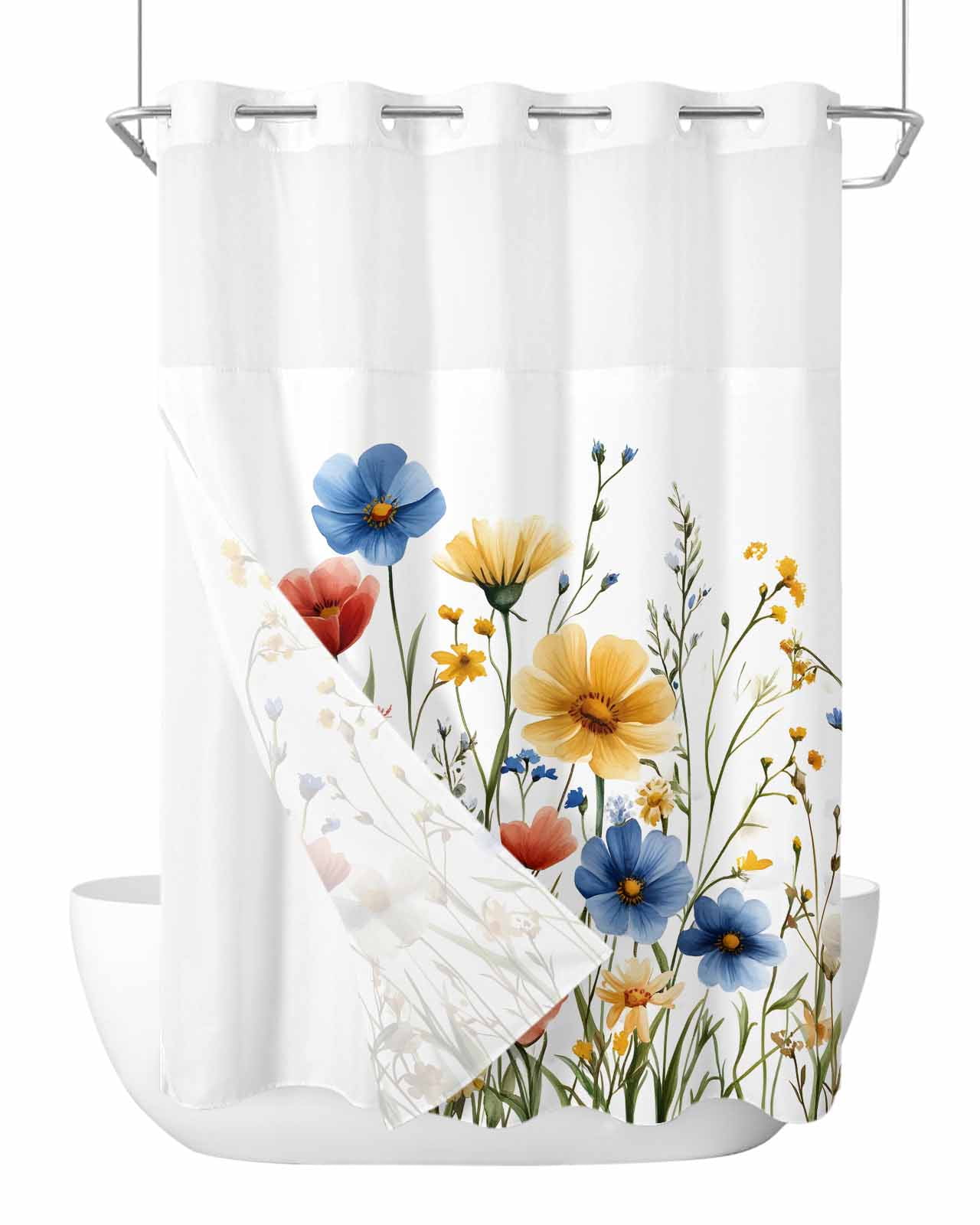 No Hook Shower Curtain with Snap-in Liner, Red Blue Yellow Spring ...