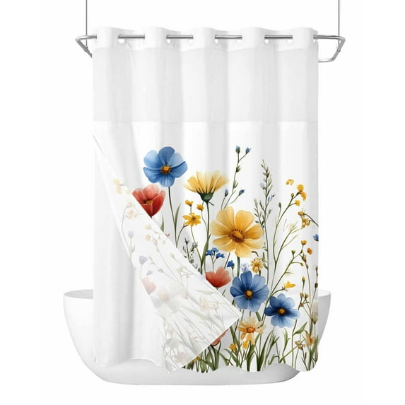 No Hook Shower Curtain with Snap-in Liner, Red Blue Yellow Spring ...