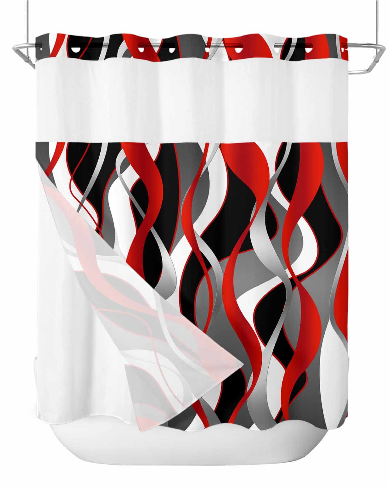 No Hook Shower Curtain with Snap-in Liner, Red Stripe Waterproof Fabric ...