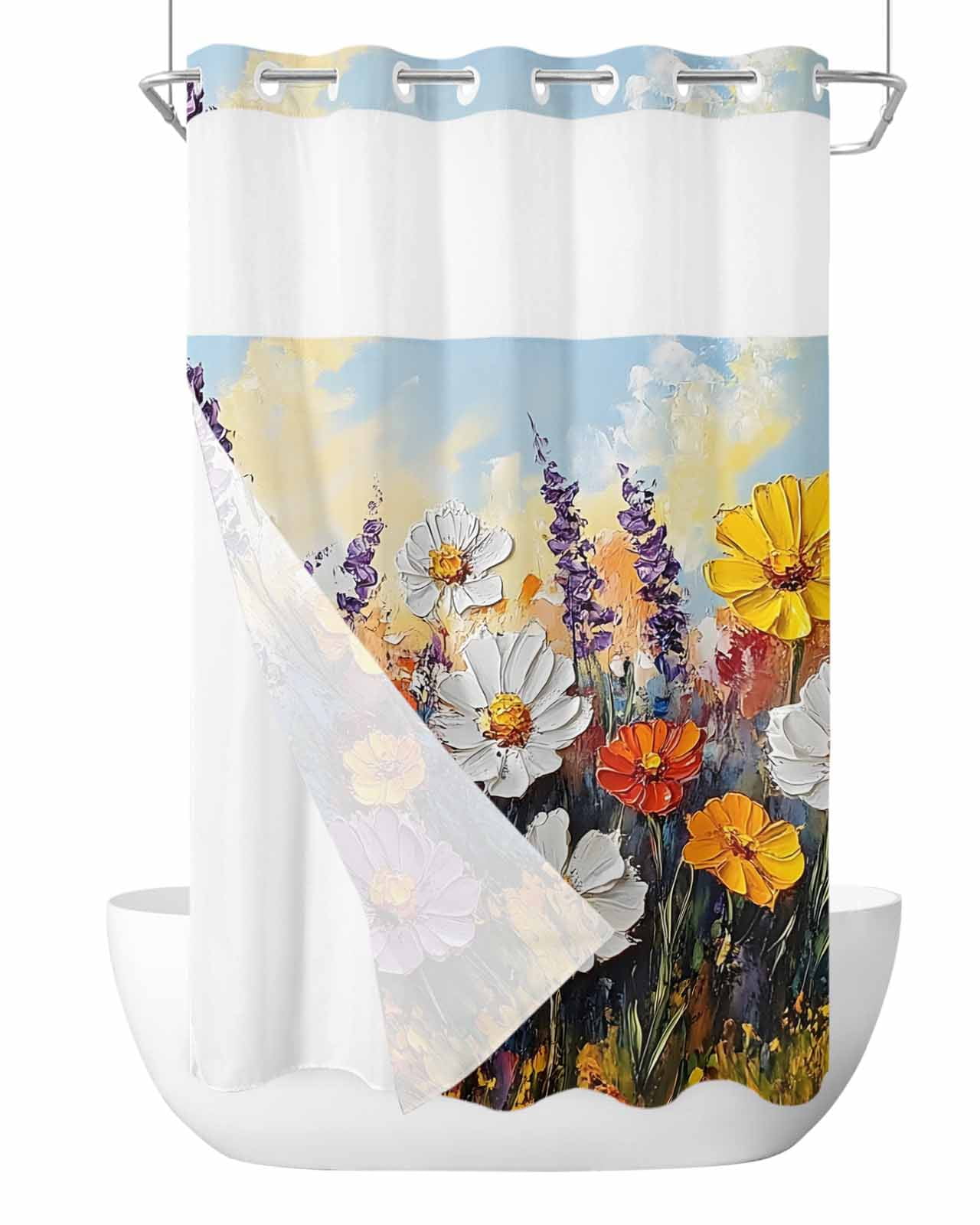 No Hook Shower Curtain with Snap-in Liner, Retro Botanical Waterproof ...