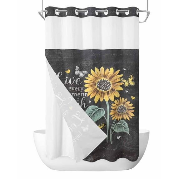 No Hook Shower Curtain with Snap-in Liner, Retro Sunflower Waterproof ...