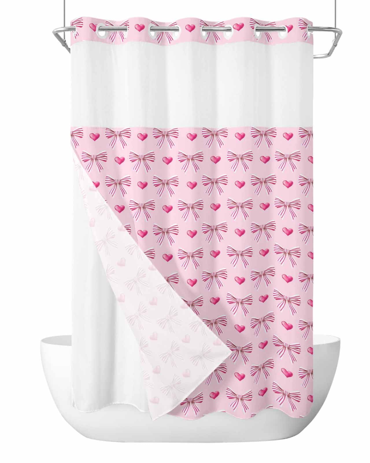 No Hook Shower Curtain with Snap-in Liner, Romantic Pink Bow Waterproof ...