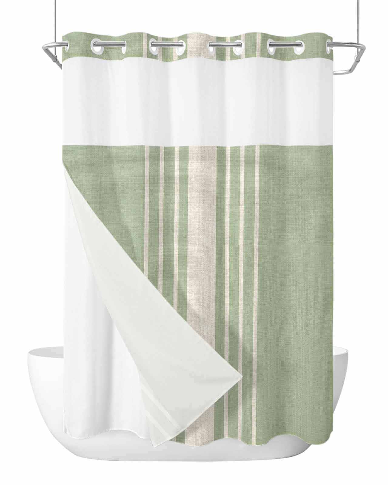 No Hook Shower Curtain with Snap-in Liner, Sage Green Beige Striped ...