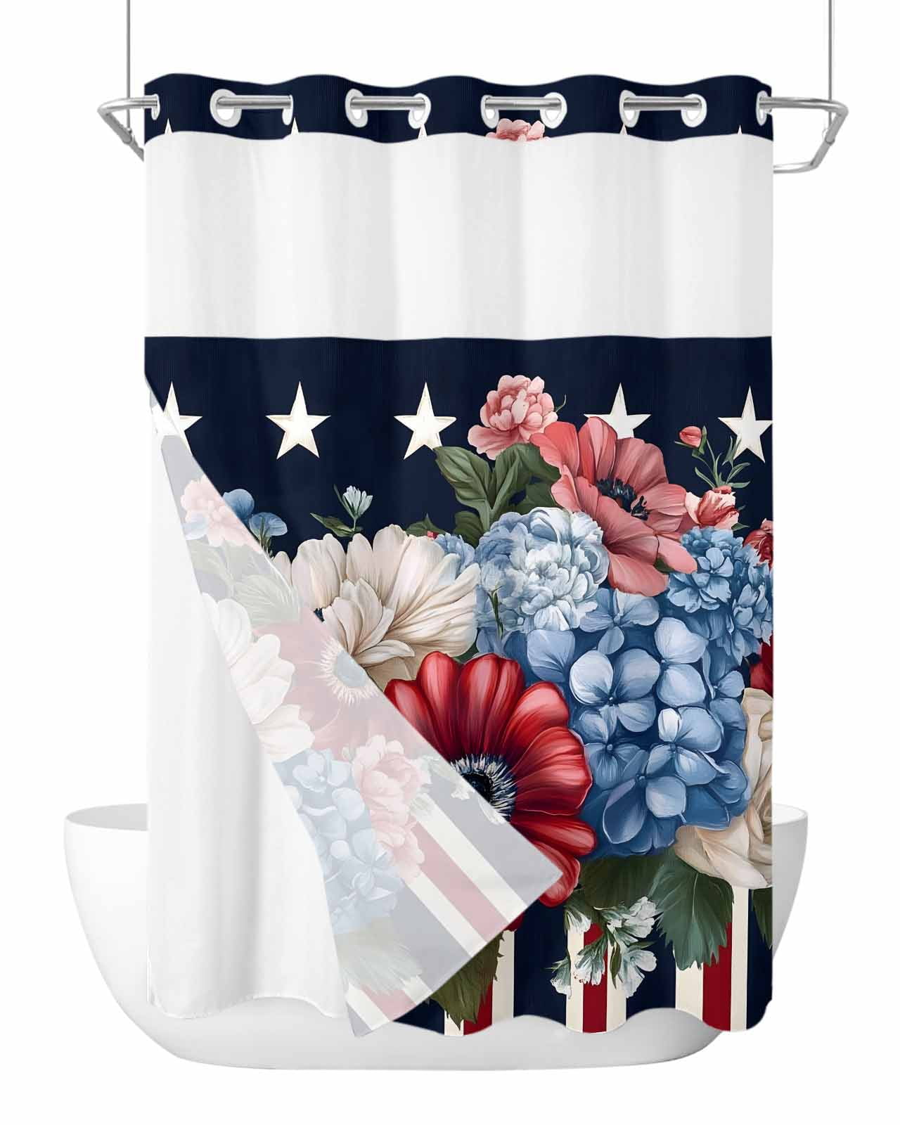 No Hook Shower Curtain with Snap-in Liner, Spring Flowers Waterproof ...