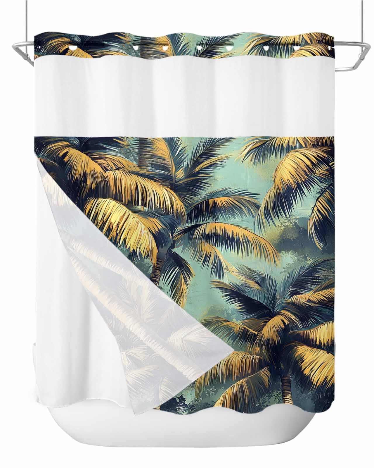No Hook Shower Curtain with Snap-in Liner, Summer Palm Tree Waterproof ...