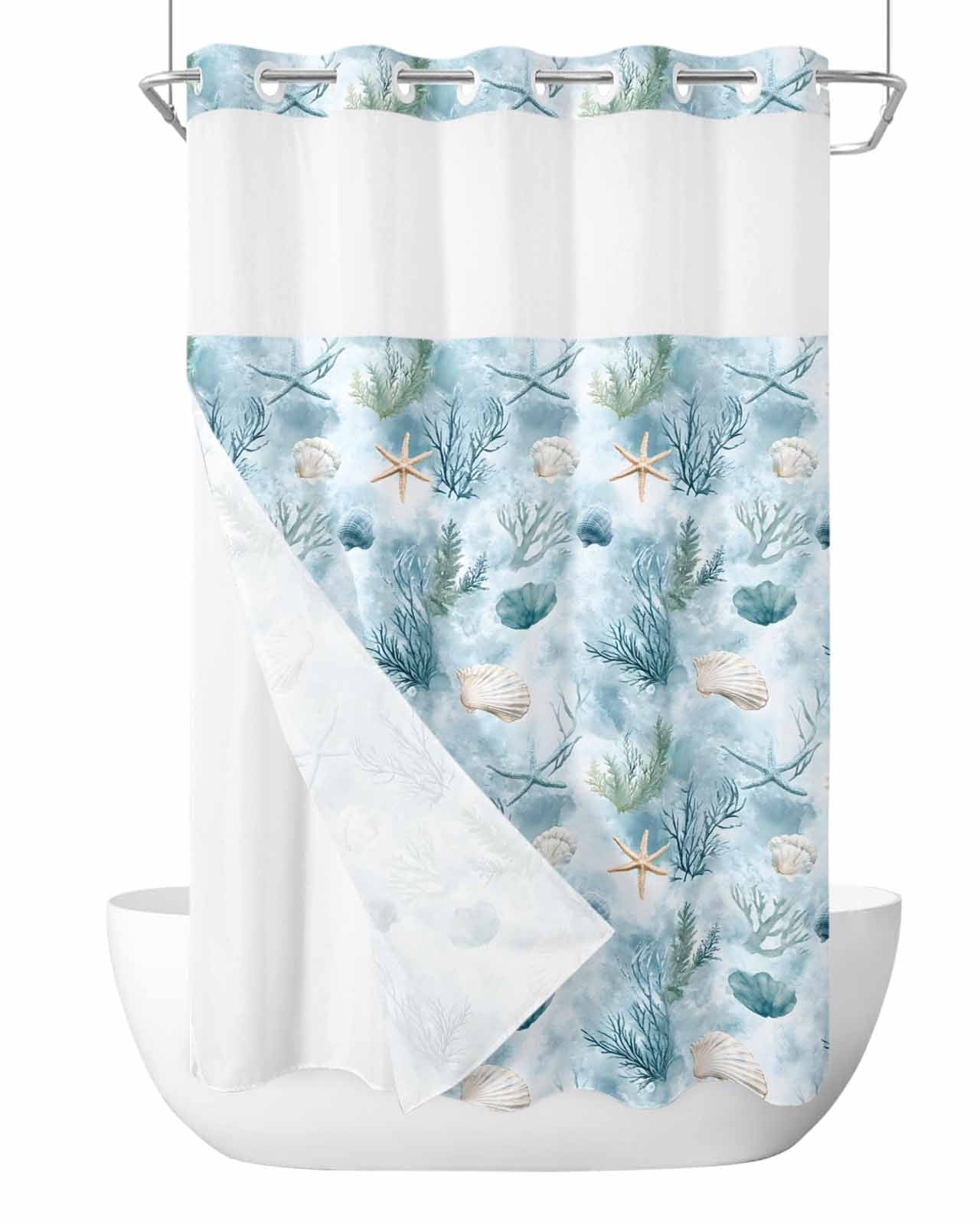 No Hook Shower Curtain with Snap-in Liner, Summer Seagrass Waterproof ...