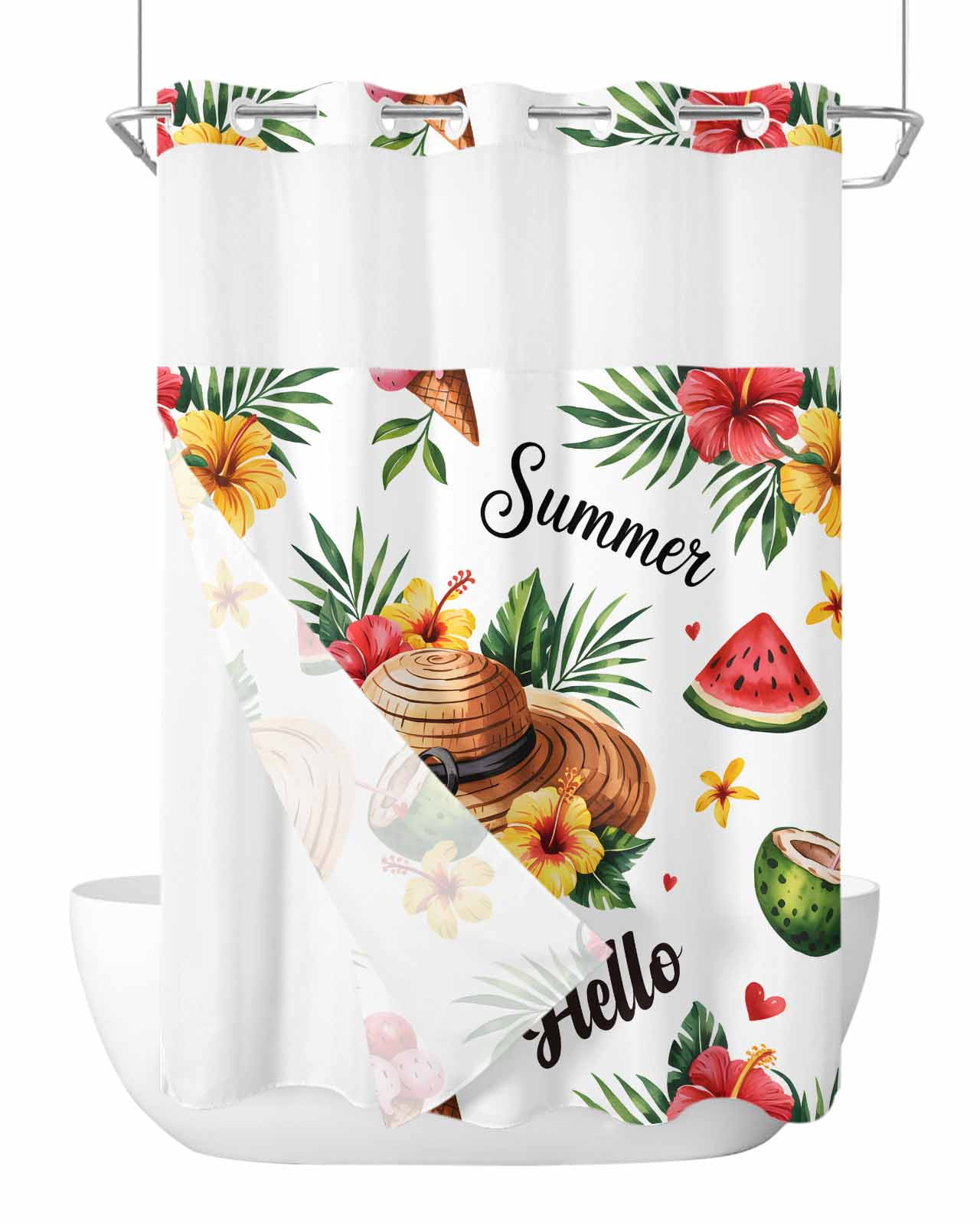 No Hook Shower Curtain with Snap-in Liner, Summer Waterproof Fabric ...