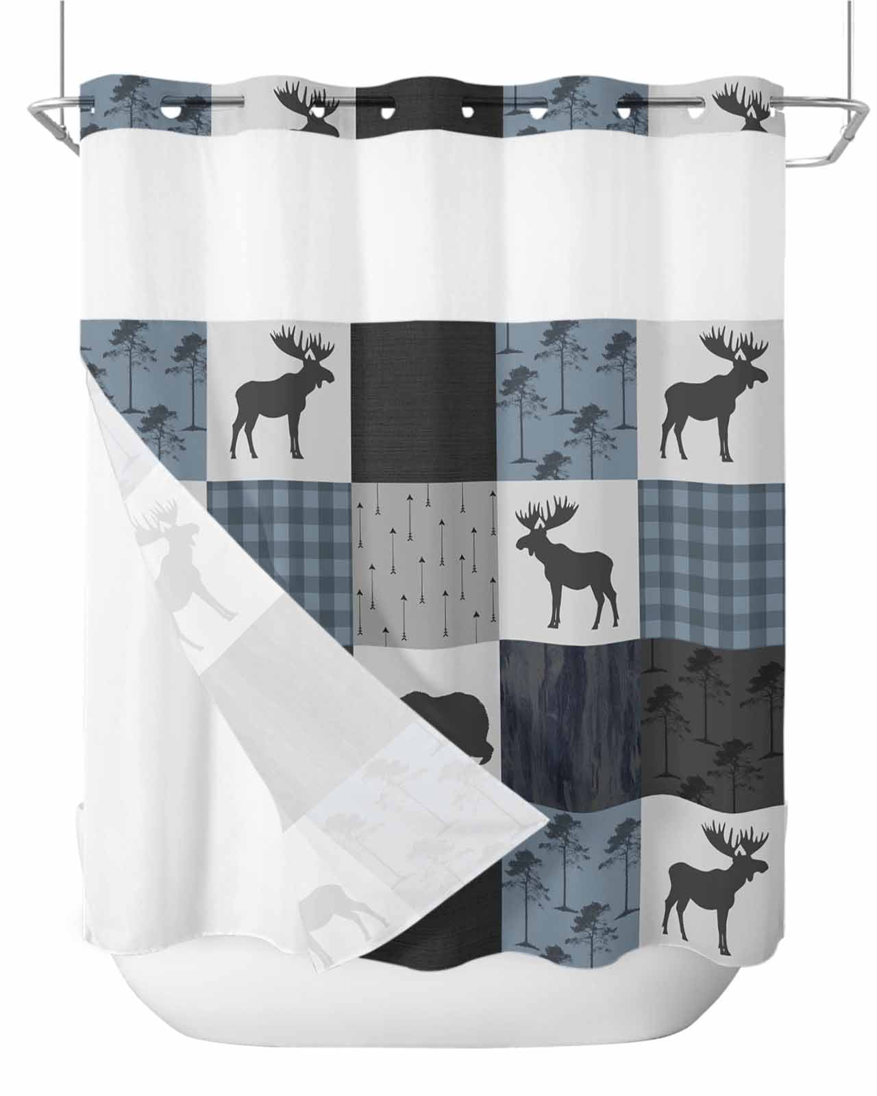 No Hook Shower Curtain with Snap-in Liner, Vintage Animals Waterproof ...