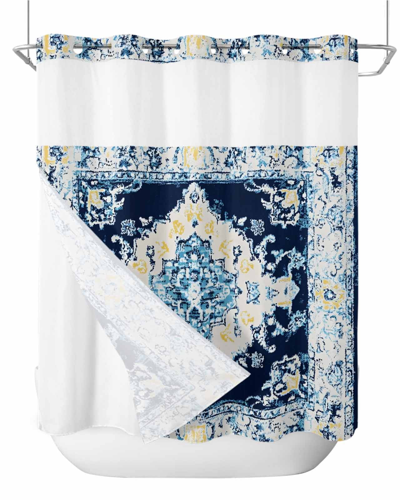 No Hook Shower Curtain with Snap-in Liner, Vintage Ethnic Waterproof ...