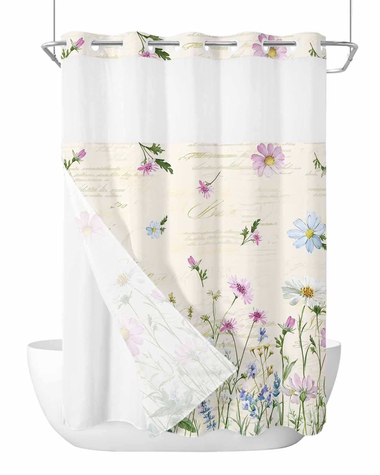 No Hook Shower Curtain with Snap-in Liner, Vintage Flower Waterproof Fabric Bathroom Curtains ...
