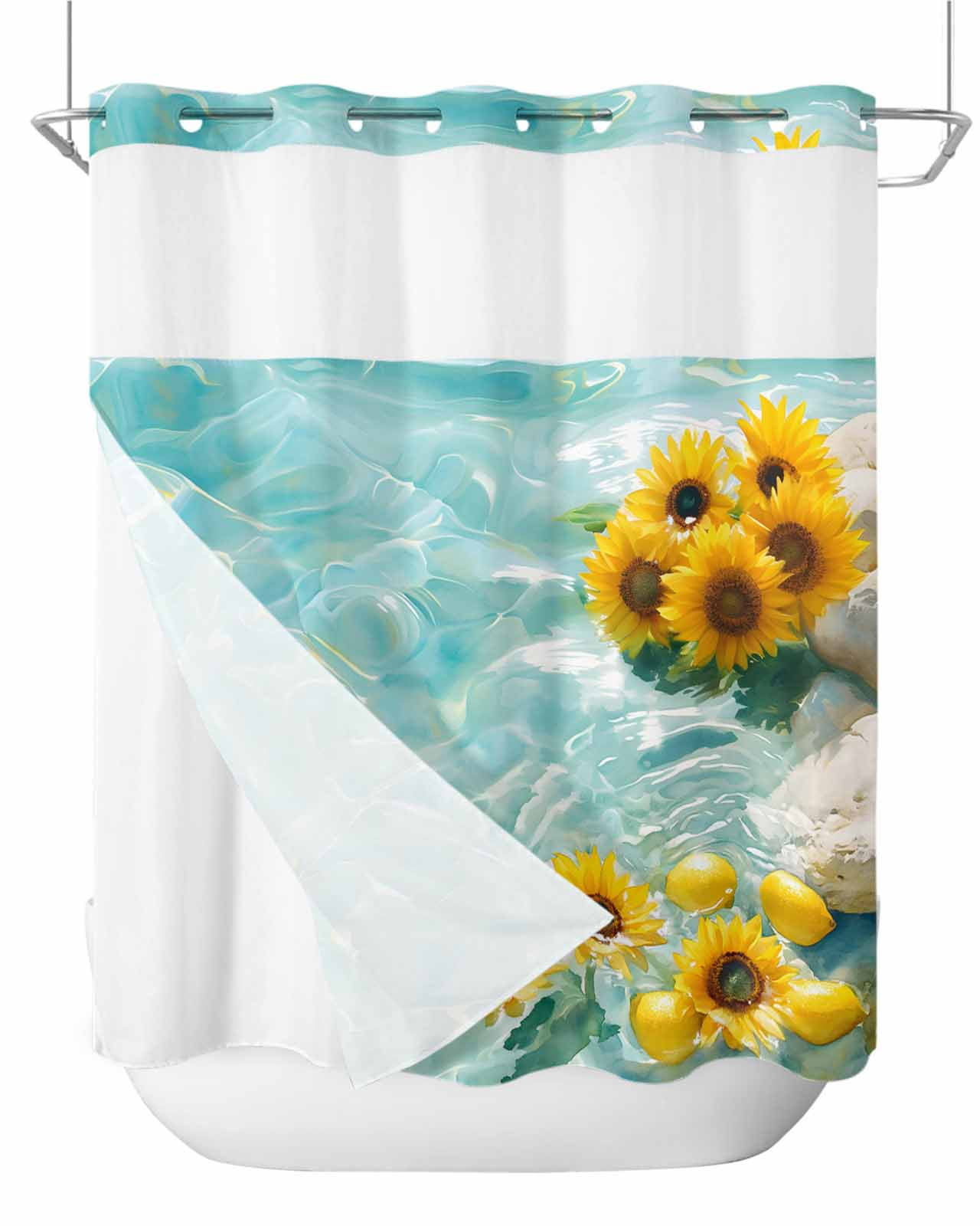 No Hook Shower Curtain with Snap-in Liner, Watercolor Waterproof Fabric ...