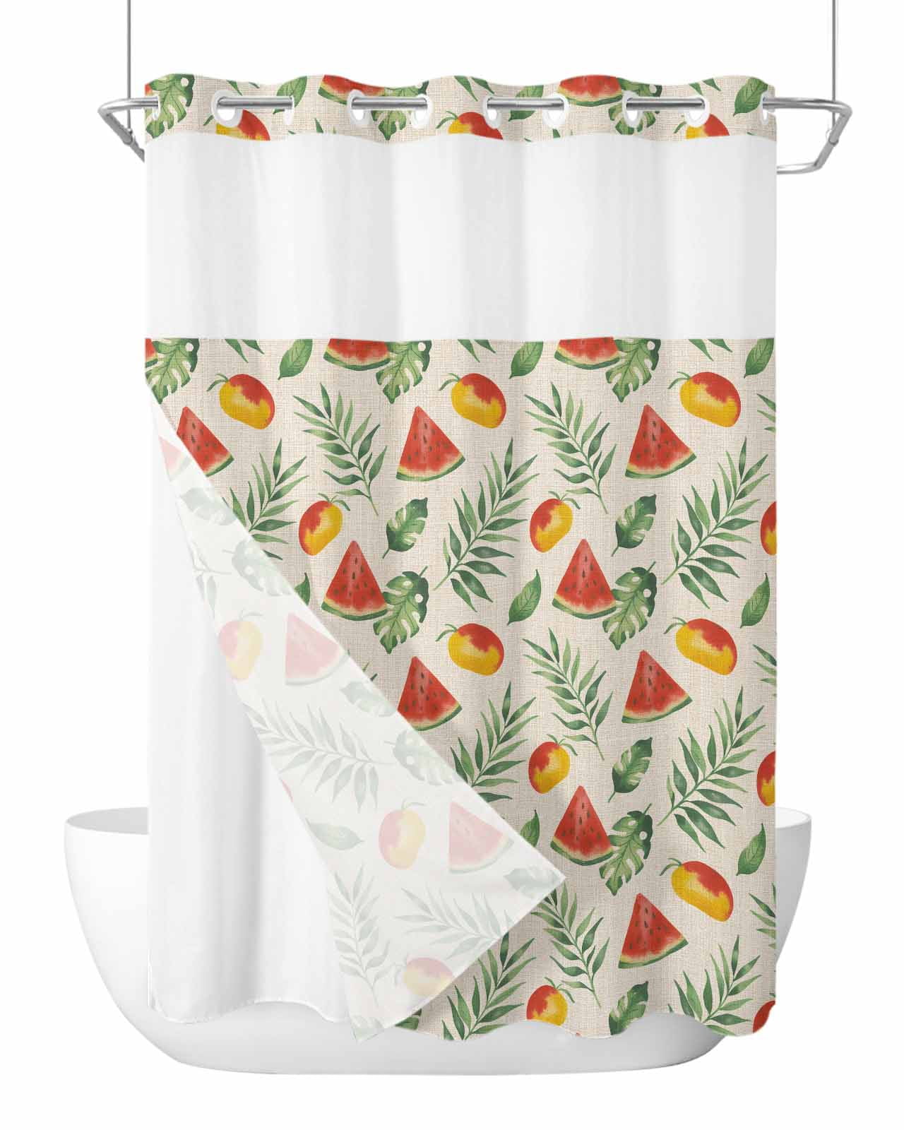 No Hook Shower Curtain with Snap-in Liner, Watermelon Waterproof Fabric ...