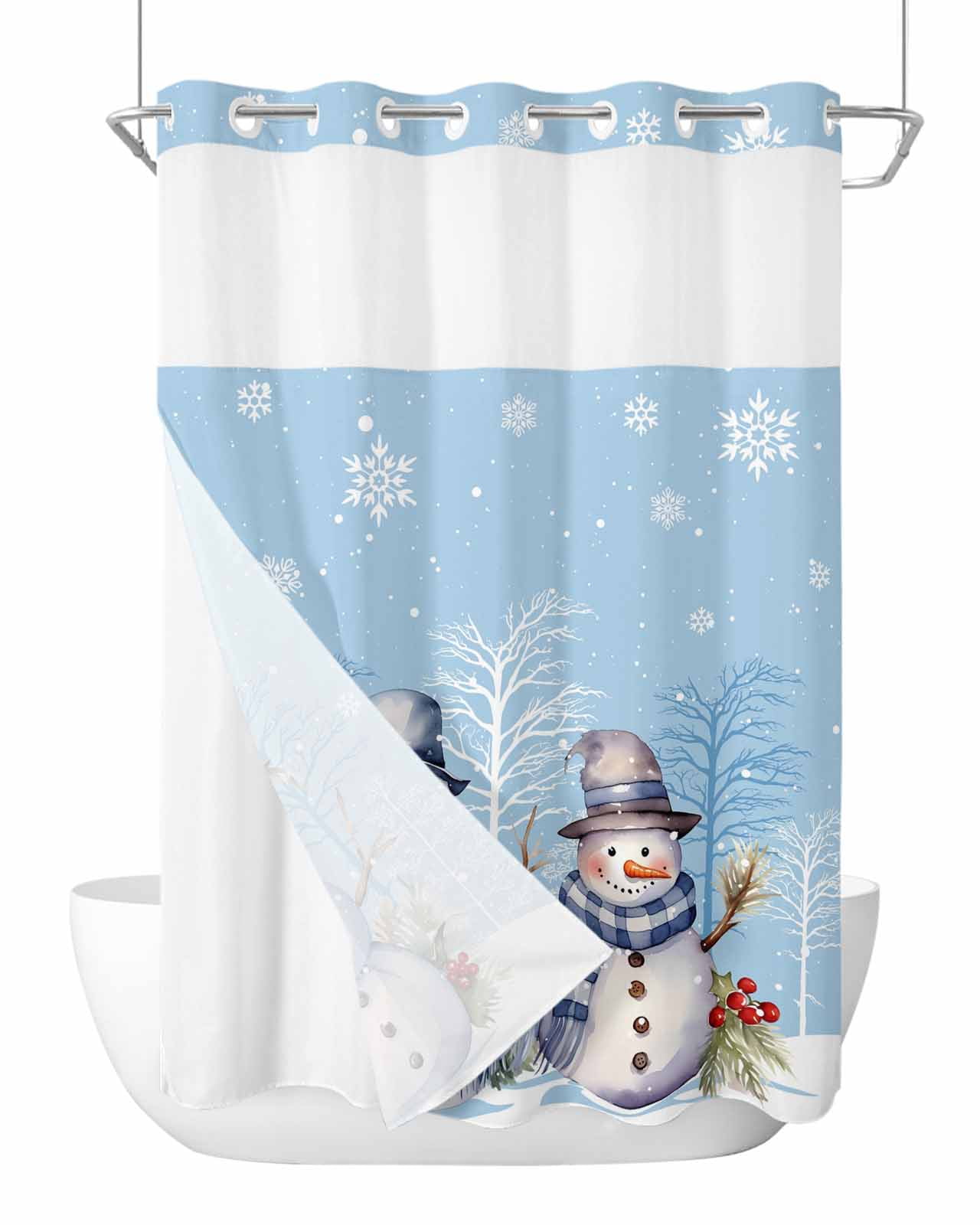 No Hook Shower Curtain with Snap-in Liner, Winter Blue Snowman ...
