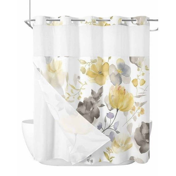 No Hook Shower Curtain with Snap-in Liner, Yellow Grey Botanical ...