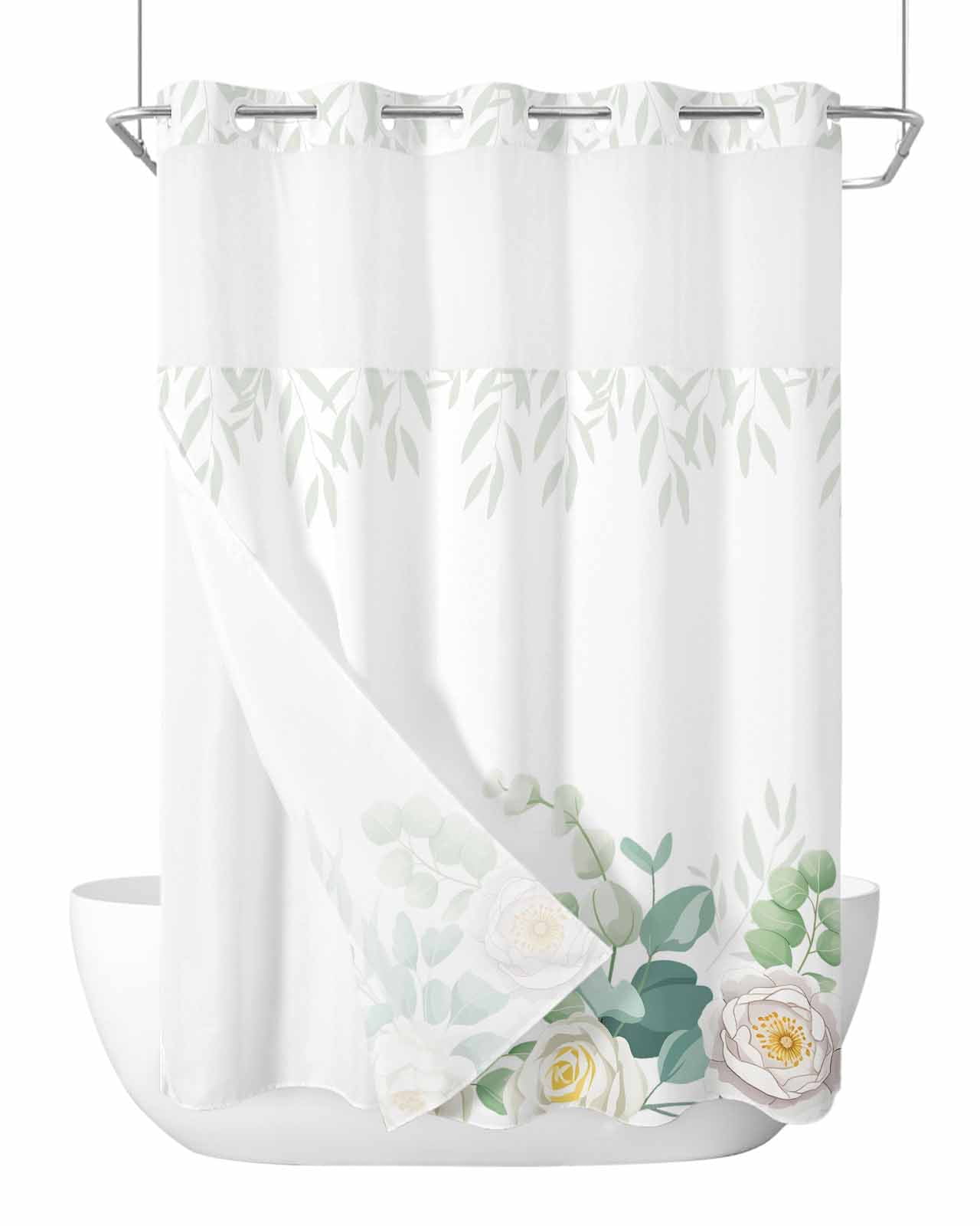 No Hook Shower Curtain, Spring White Floral Stall Bathroom Curtains ...
