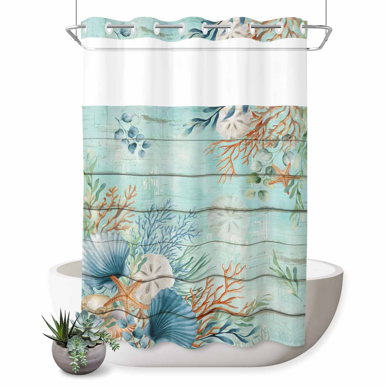 No Hook Shower Curtain, Teal Beach Coastal Shower Curtains for Bathroom ...