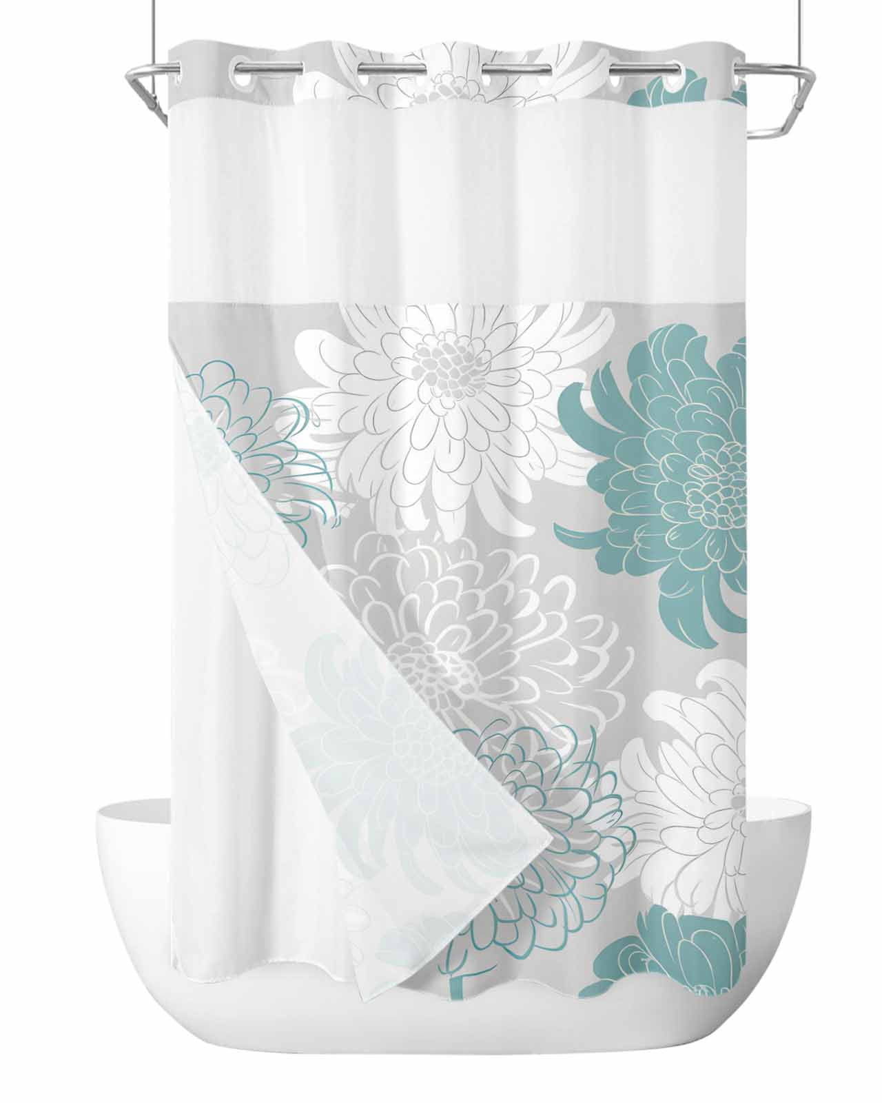 No Hook Shower Curtain, Turquoise White Floral Small Shower Curtains ...