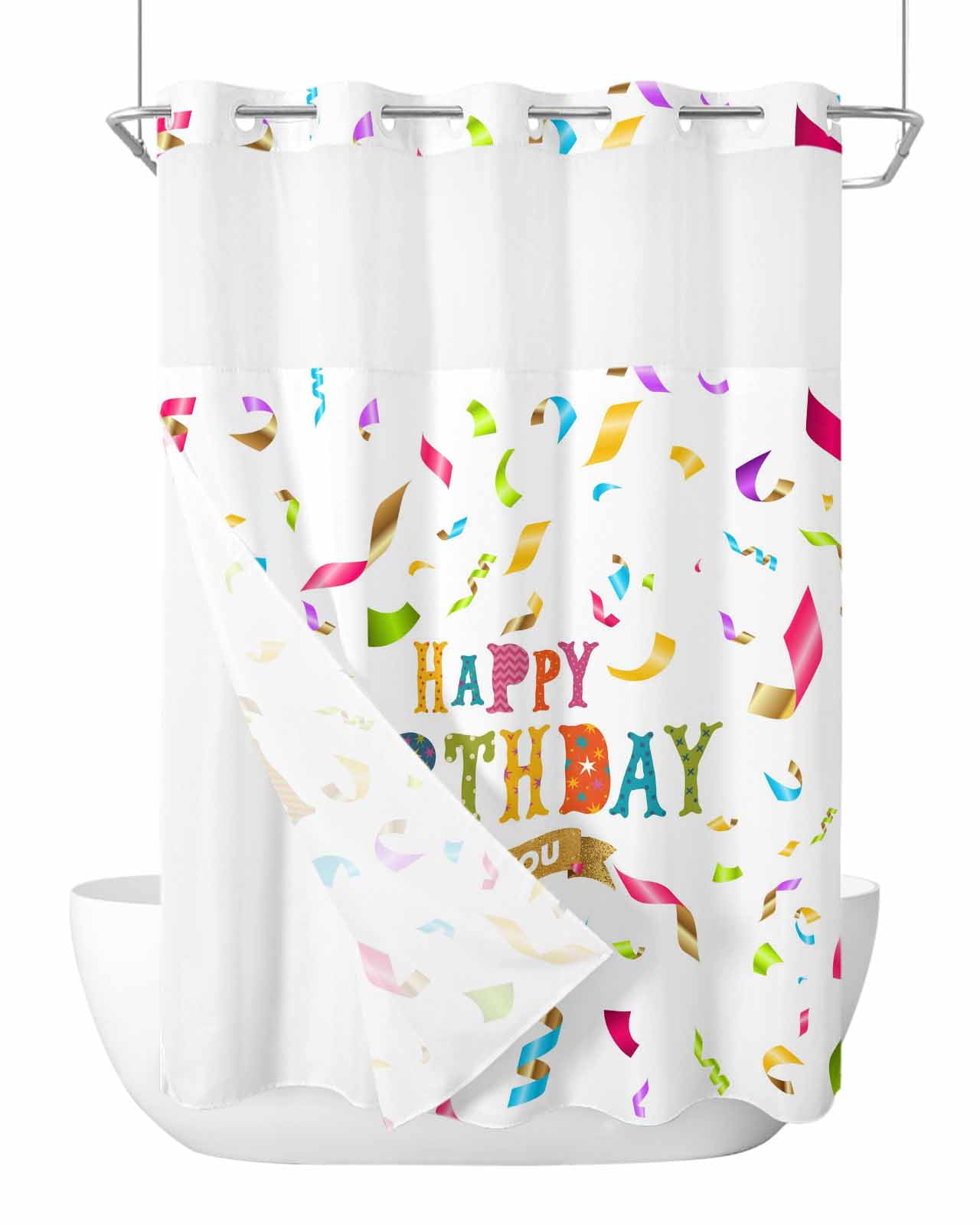 No Hook Shower Curtains with Detachable Snap-in Liner Set, Happy ...