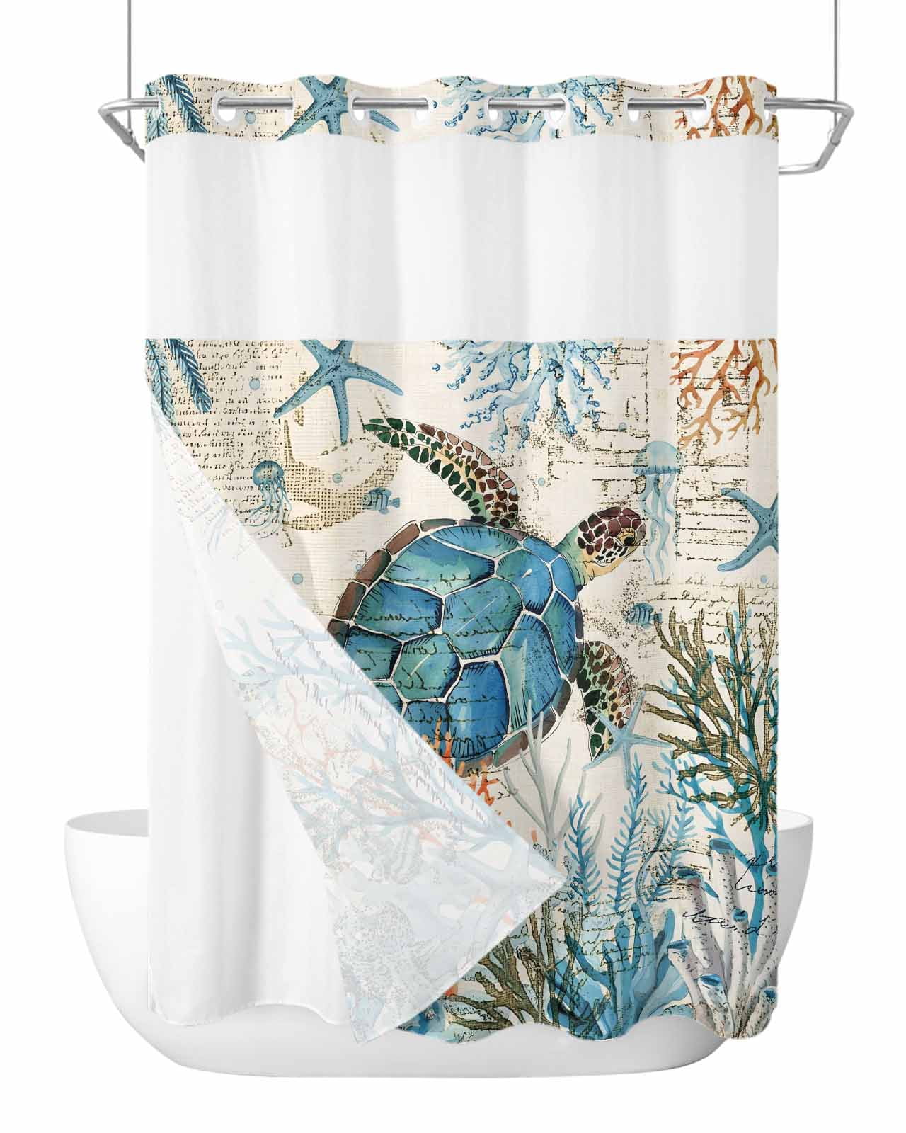 No Hook Shower Curtains, Ocean Turtle Stall Bathroom Curtain with Snap ...