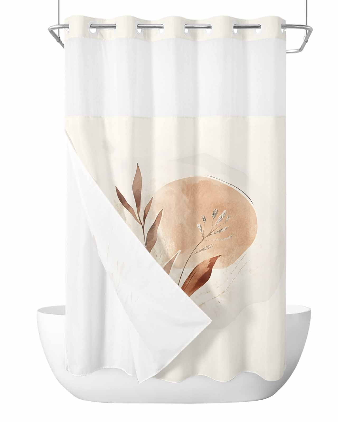 No Hook Shower Curtains with Snap in Liner, Beige Geometric Waterproof Fabric Shower Curtain ...