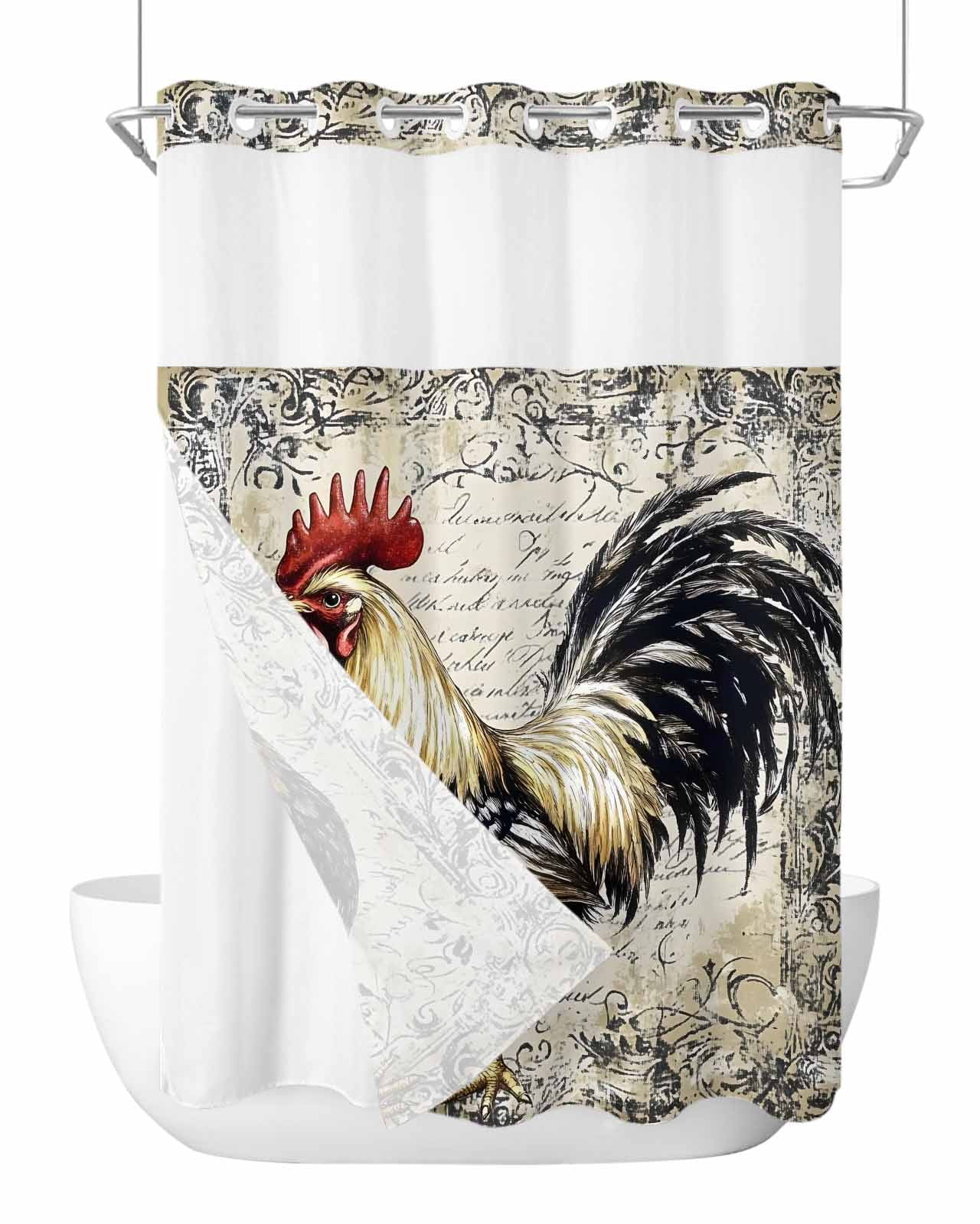 No Hook Shower Curtains with Snap in Liner, Black White Vintage Rooster Fabric Shower Curtain ...